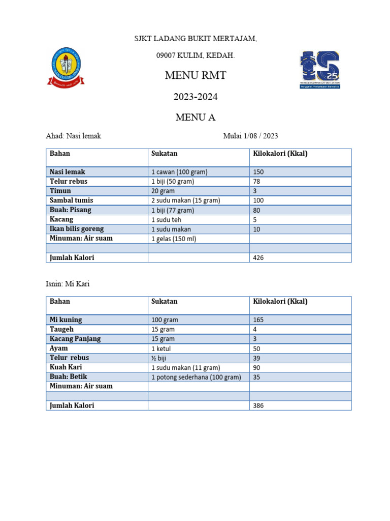 Menu RMT 2023 - 2024 | PDF