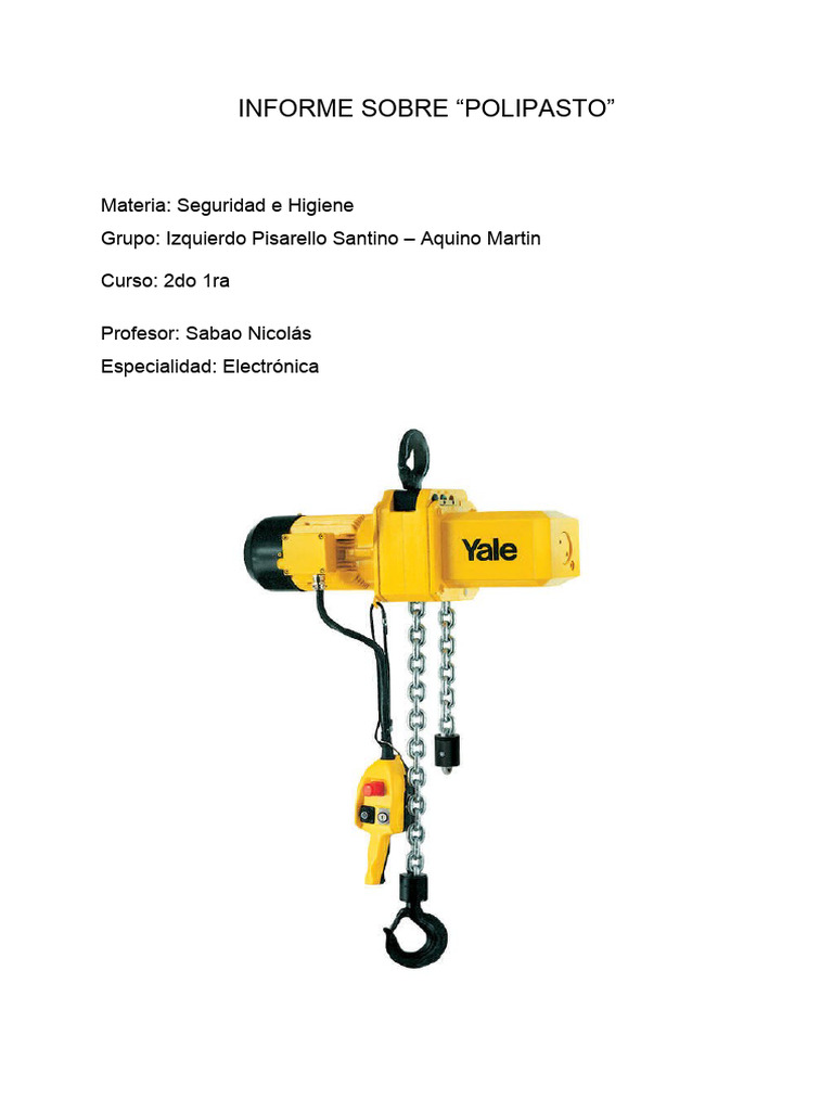 INFORME SOBRE "POLIPASTO"Seguridad e Higiene | PDF | Bienes manufacturados | Ingeniería mecánica