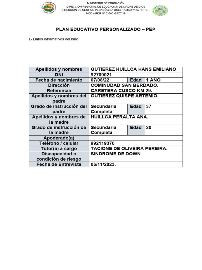Plan Educativo Personalizado - Pep Actualizado Emiliano 2. | PDF ...