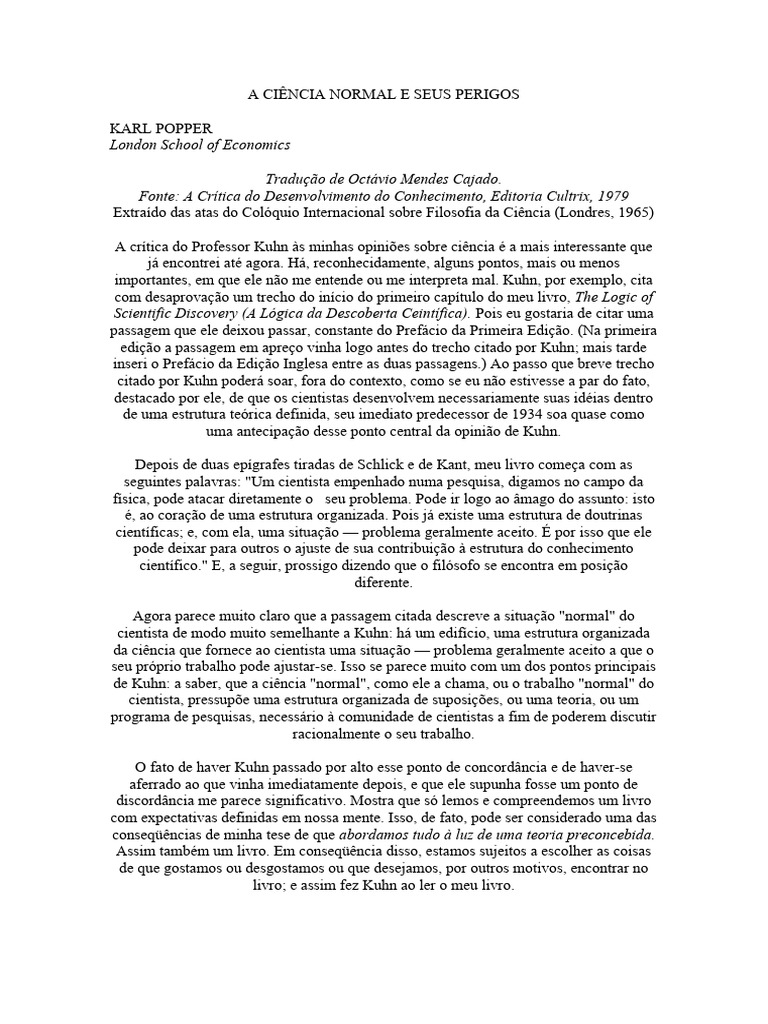 Popper, A CIÊNCIA NORMAL E SEUS PERIGOS | PDF | Science | Relativismo