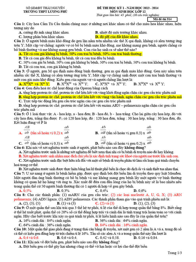 Sinh 12 2013-2014 | PDF