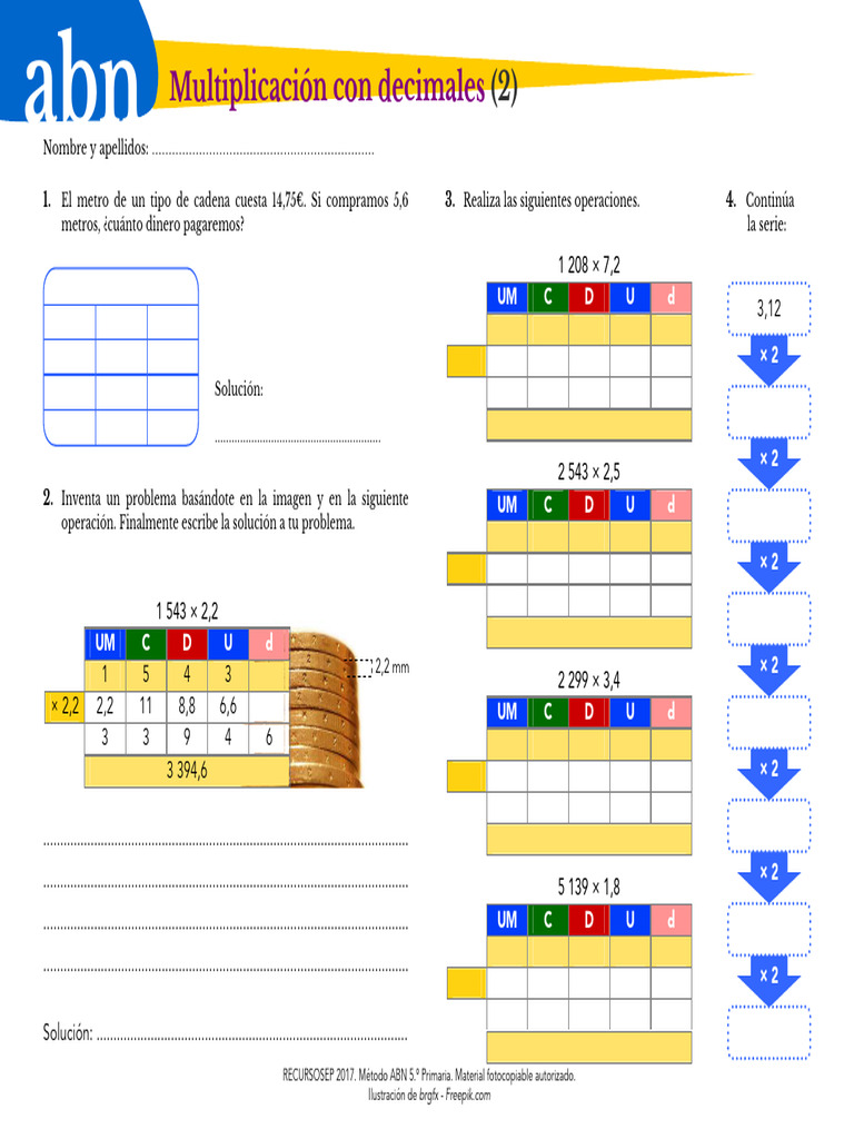 Multiplicación Con Decimales 2 5 Primaria Abn | PDF