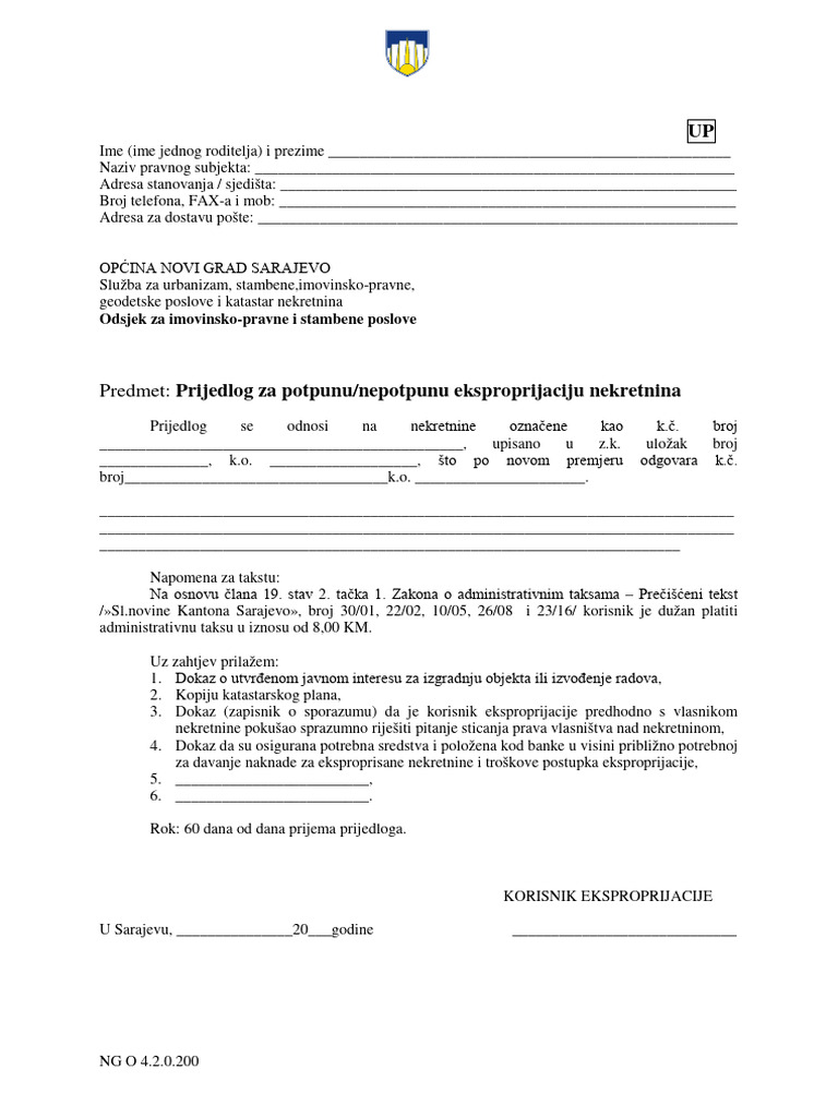 Prijedlog Za Eksproprijaciju Nekretnina UP | PDF