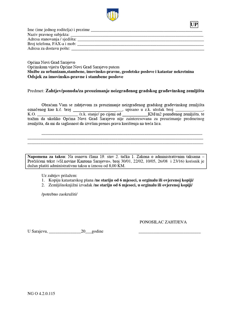 Zahtjev Za Preuzimanje Gradjevinskog Zemljista UP | PDF