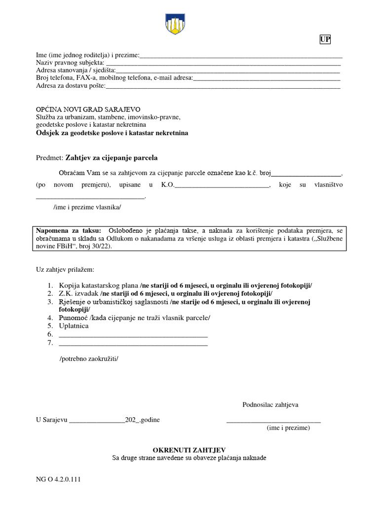 Zahtjev Za CIJEPANJE Parcela UP | PDF