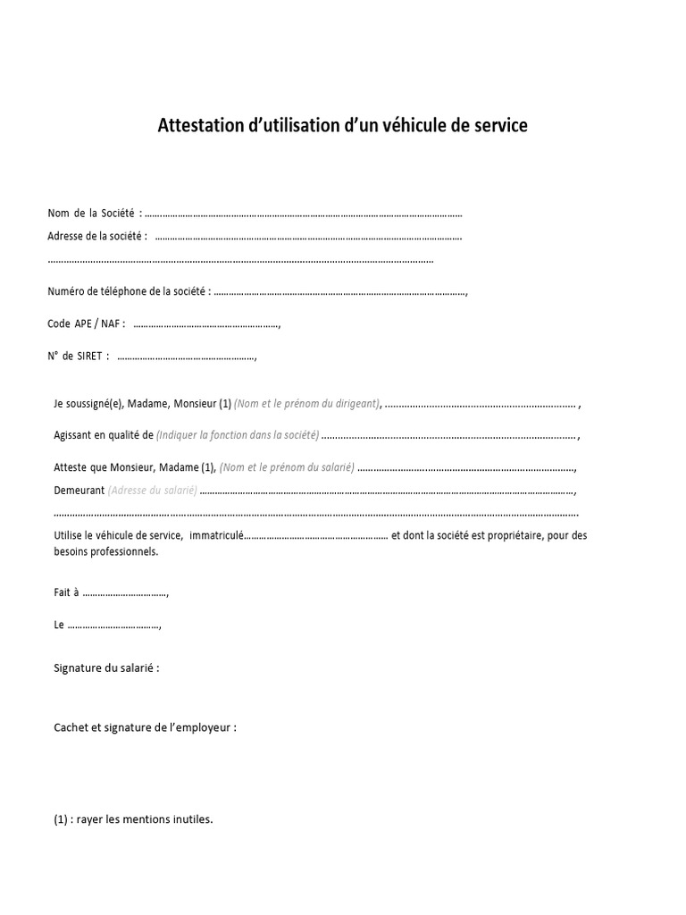 Attestation d'utilisation véhicule de service | PDF