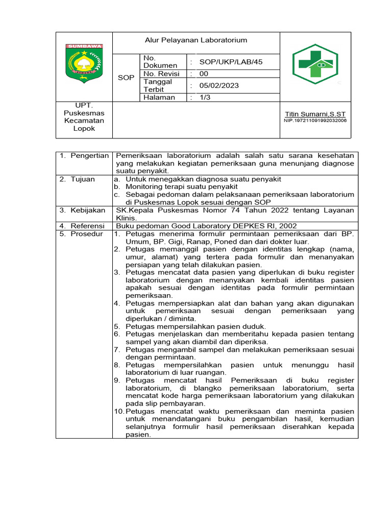 Sop Alur Pelayanan Lab | PDF