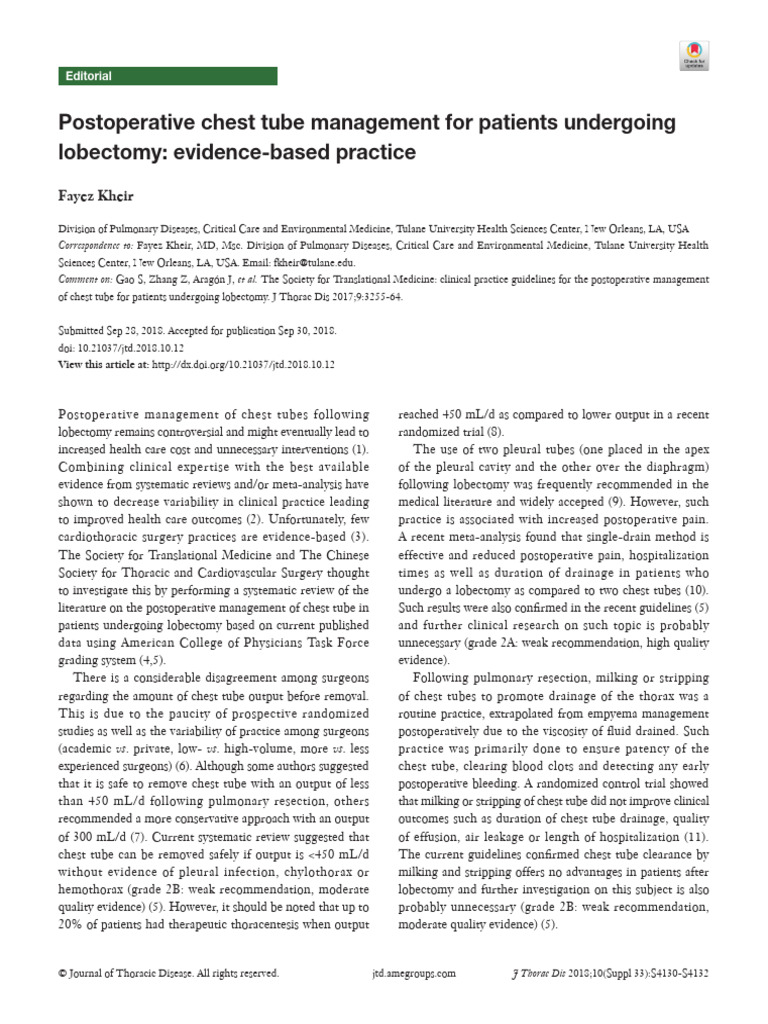 Postoperative Chest Tube Management For Patients Undergoing Lobectomy ...