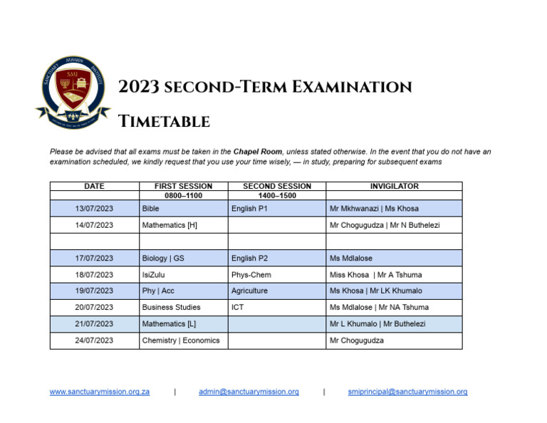 2023 Second-Term Examination Timetable | PDF