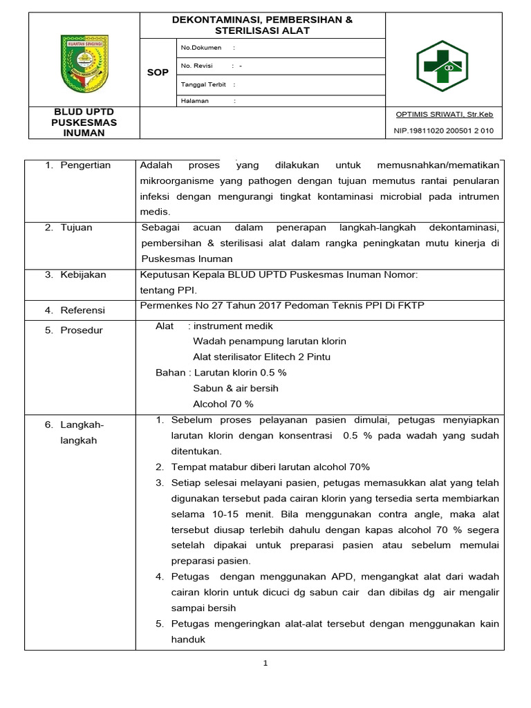 SOP STERILISASI - Dekontaminasi-Pembersihan-Sterilisasi-Alat | PDF | Sains & Matematika