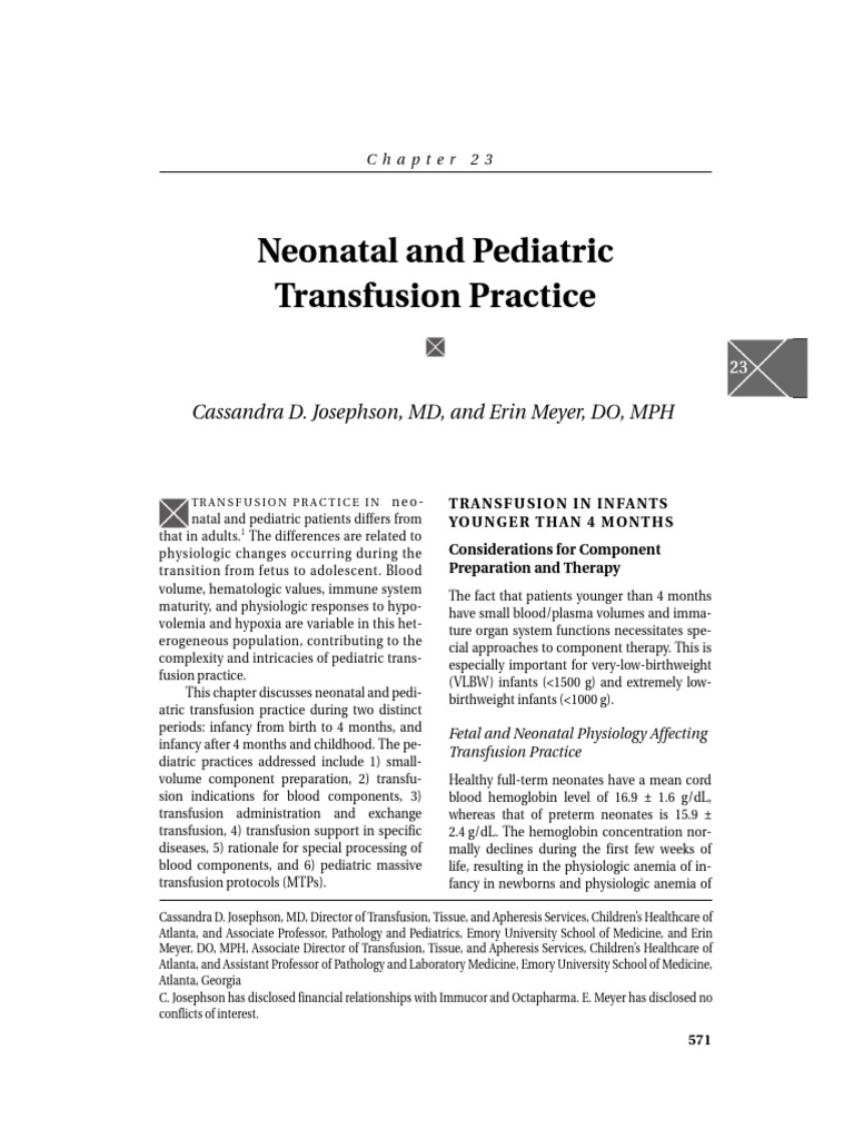 Neonatal and Pediatric Transfusion Practice: Cassandra D. Josephson, MD ...