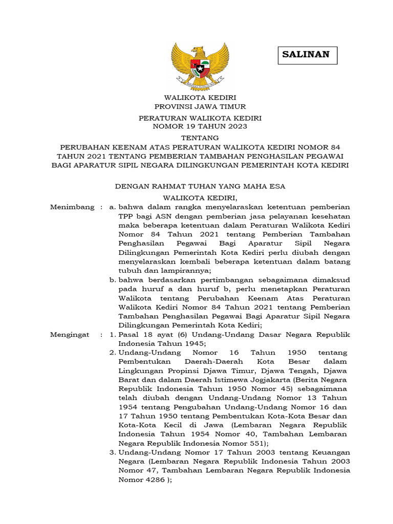 19 PERWALI 2023 TTG Perubahan Keenam Atas PERWAL Nomor 84 Tahun 2021 ...