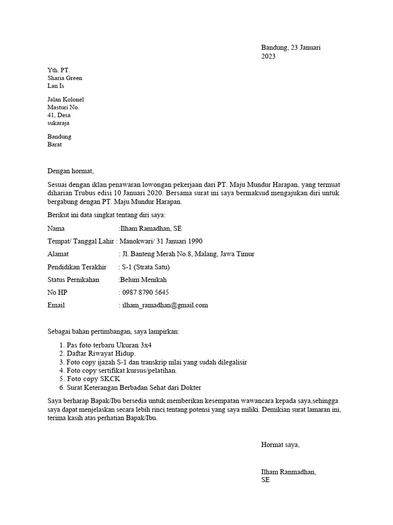 Contoh Surat Lamaran Kerja Iklan | PDF