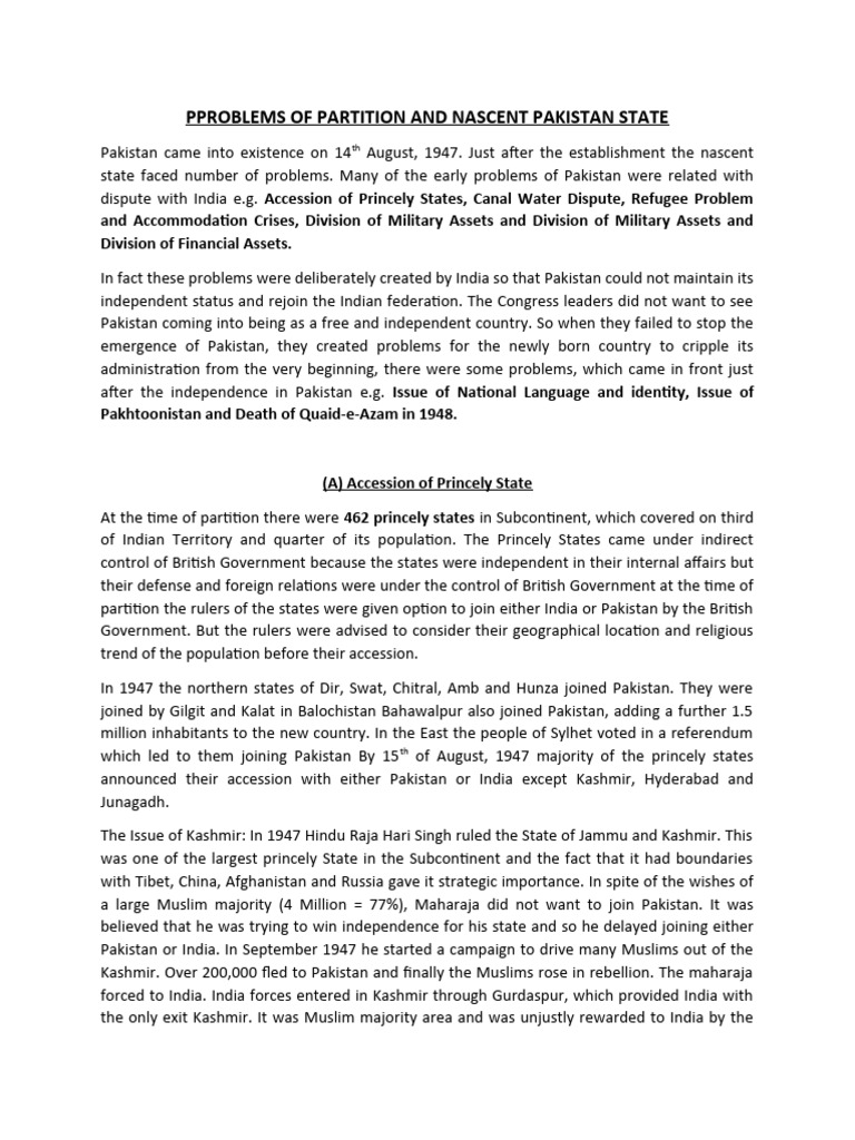 Pproblems of Partition and Nascent Pakistan State | PDF | Pakistan ...