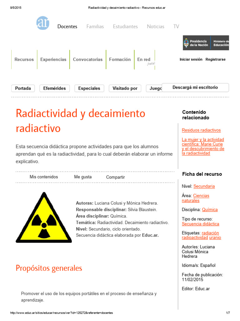 Recursos sobre Radiactividad Escolar | PDF | Desintegración radioactiva ...