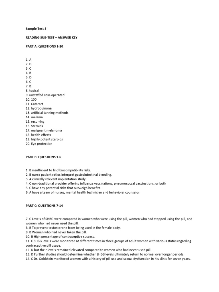 OET Reading Test Answer Key | PDF