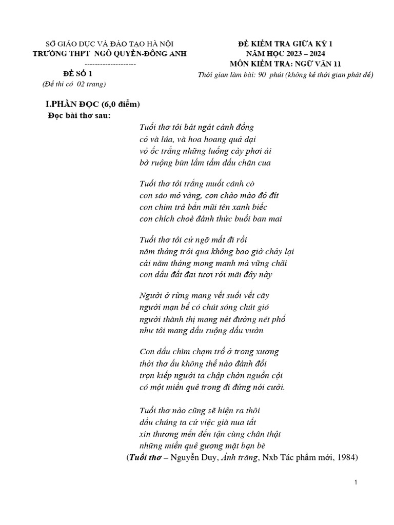 De Thi Ngu Van 11 Giua Ky 1 Nam 2023 2024 Truong THPT Ngo Quyen Ha Noi | PDF