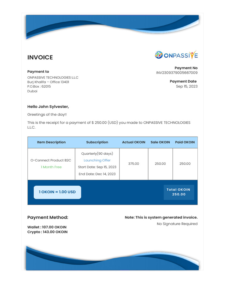 ONPASSIVE Payment Receipt for Subscription | PDF