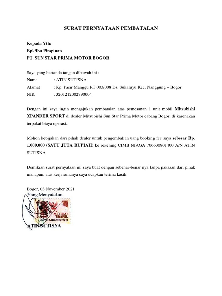 Surat Pernyataan Pembatalan | PDF