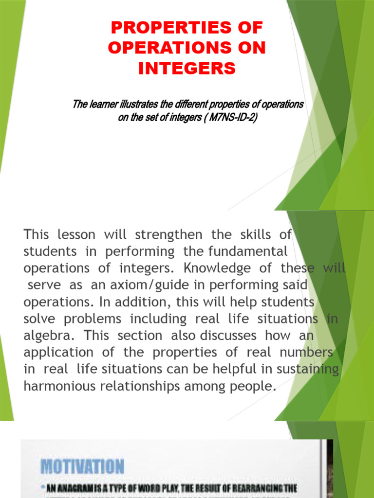 G7 Math Q1 Week 4-Properties On Operations of Integers | PDF | Multiplication | Integer