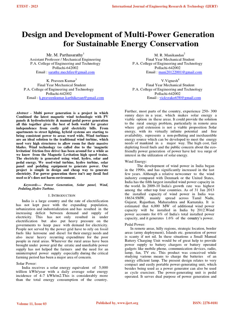 Design and Development of Multi Power Generation For Sustainable Energy ...