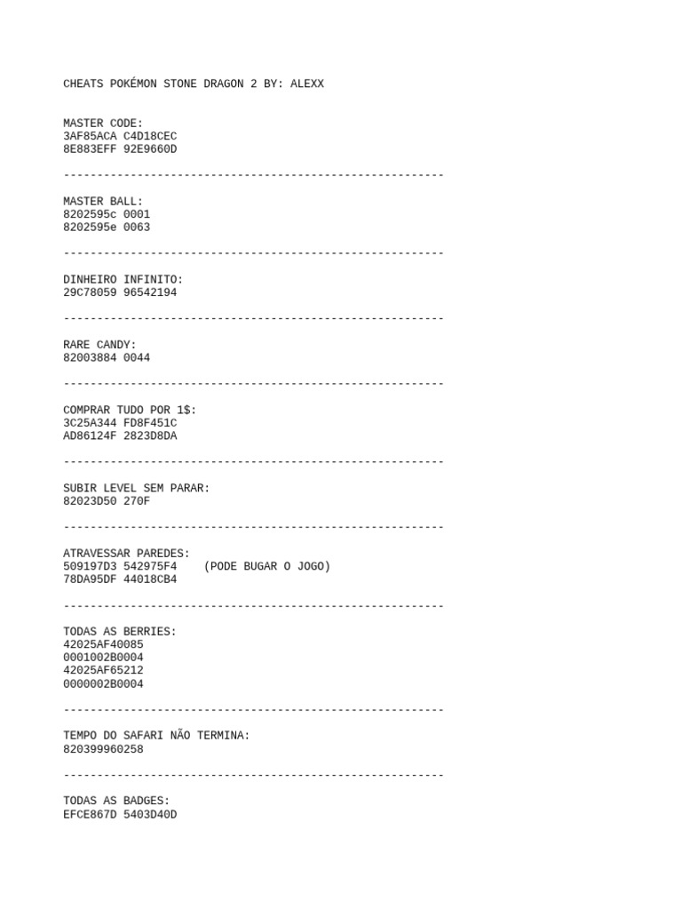 CHEATS POKÉMON STONE DRAGON 2 ATUALIZADO by Alexx | PDF
