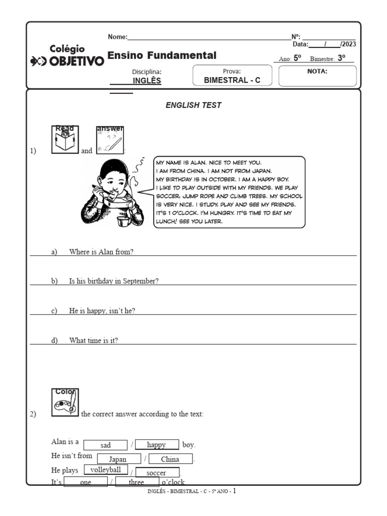 Prova 5° Ano (3 Bimestre) | PDF