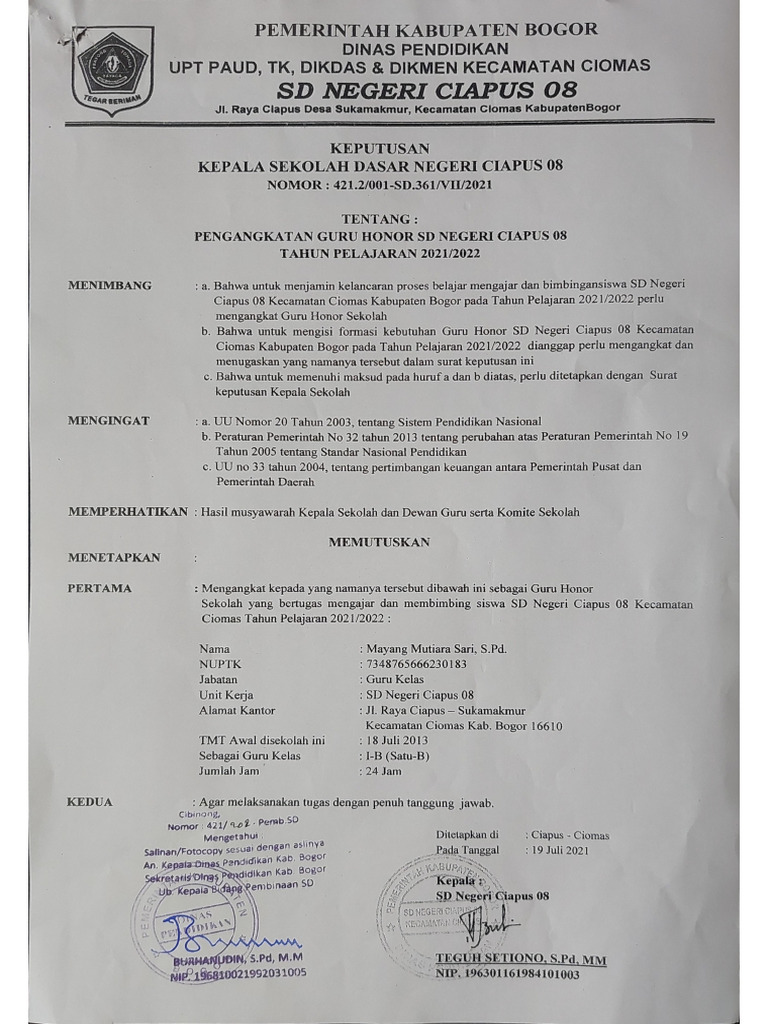Scan SK Legalisir Dinas 2021 - 2022 - 2022 - 2023 - Mayang | PDF