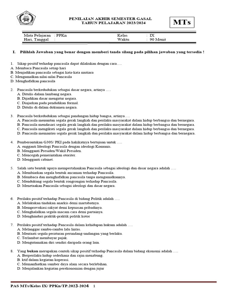 Soal Pas PPKN Kls 9 Gasal | PDF