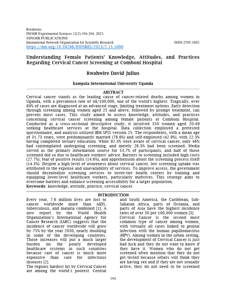 Understanding Female Patients' Knowledge, Attitudes, and Practices Regarding Cervical Cancer ...