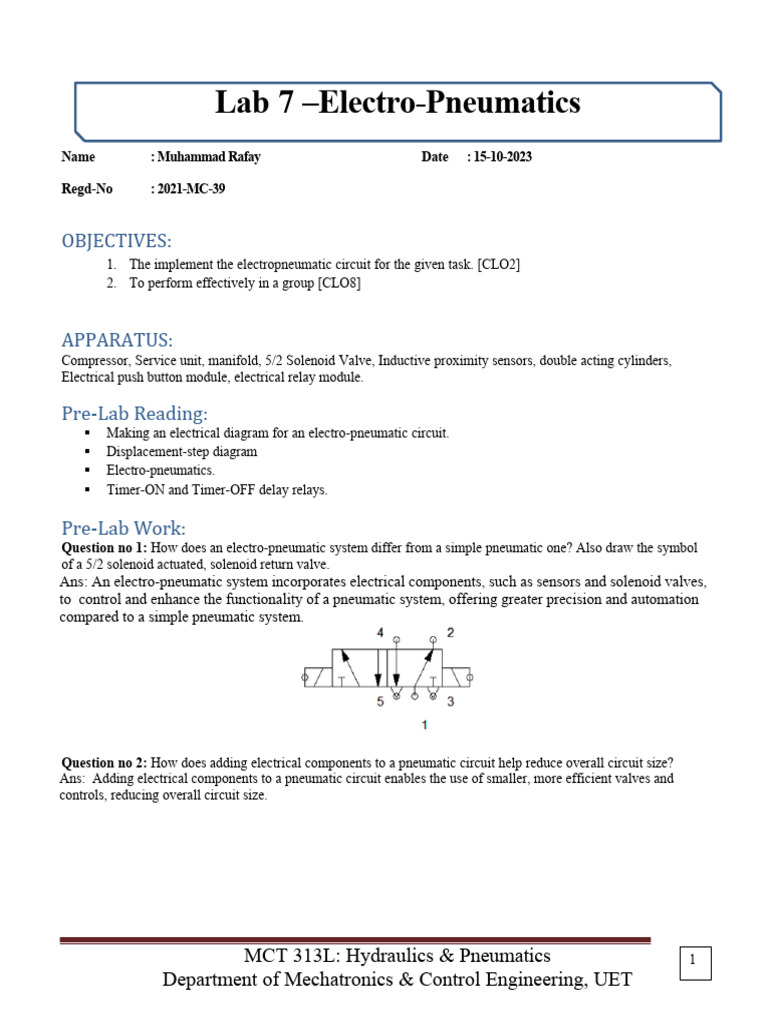 Lab No 7 - Introduction To Electro Pneumatics | PDF | Relay | Pneumatics