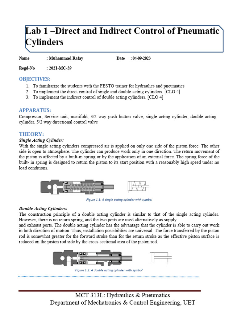 Lab No 1 - Direct and Indirect Control of Cylinders | PDF | Piston | Valve