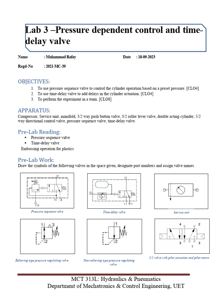 Lab No 3 - Pressure Dependent Control and Time-Delay Valve | PDF ...