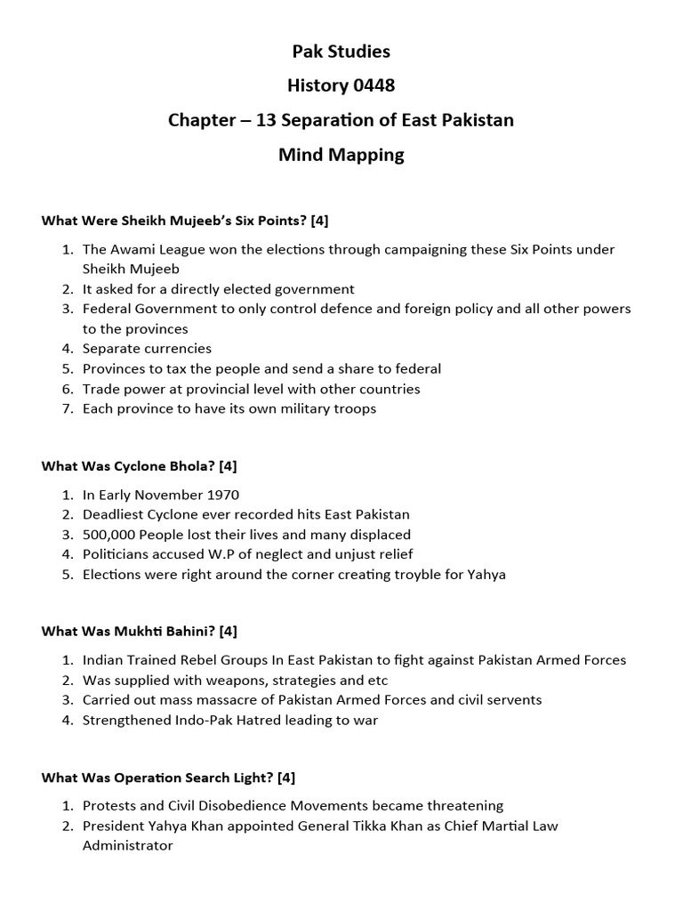 Chapter 13 - Seperation of East Pakistan Mind Mapping | PDF | Pakistan ...