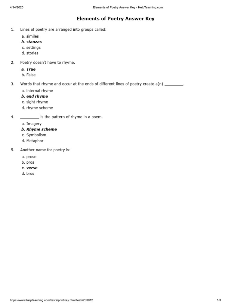 Elements of Poetry Quiz Answer Key | PDF | Poetry | Rhyme