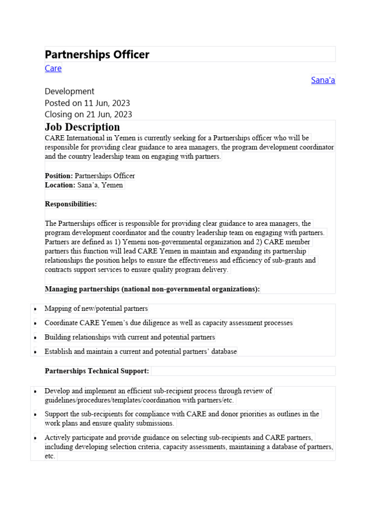 CARE Partnerships Officer | Download Free PDF | Recruitment | Business