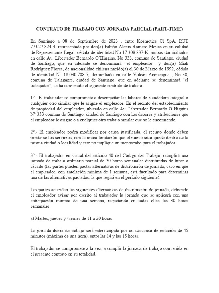 Modelo de Contrato Part-Time Chile | PDF | Tiempo de trabajo | Santiago