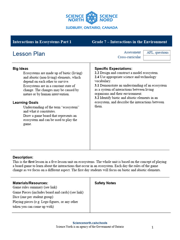 Interactions in Ecosystems Part 1 Lesson Plan | Download Free PDF ...