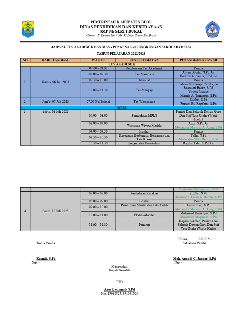Jadwal Kegiatan MPLS 2023 - 054127 | PDF