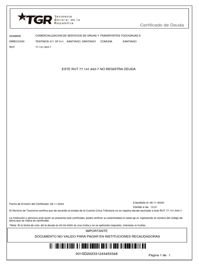 Cert Deuda TGR - TodoGruas | PDF