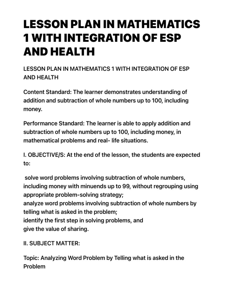Lesson Plan in Mathematics 1 With Integration of Esp and Health | PDF ...