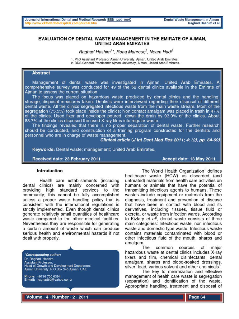 Evaluation of Dental Waste Management in The Emirate of Ajman, United ...