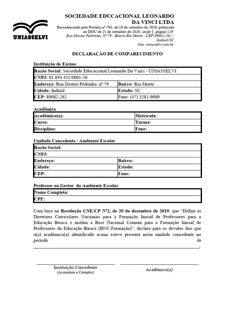Modelo Documento - Declaração de Comparecimento | PDF Modelo Documento - Declaração de Comparecimento | PDF