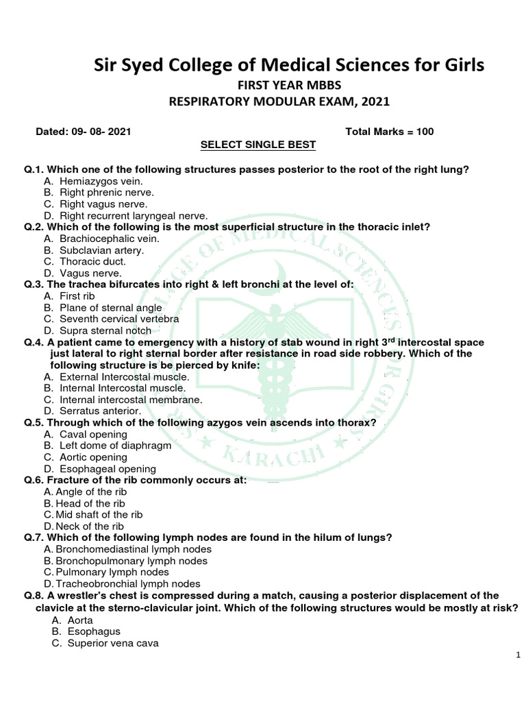 2021 Anatomy Respiratory Module BCQs | PDF | Lung | Breathing