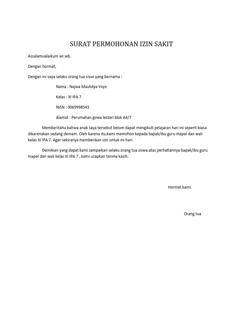 Surat Izin Sakit Siswa SMP | PDF