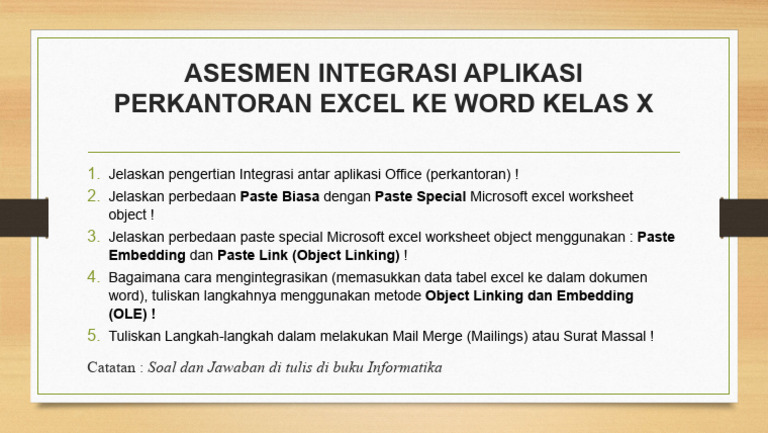 Asesmen Integrasi Aplikasi Perkantoran Excel Ke Word Kelas | PDF