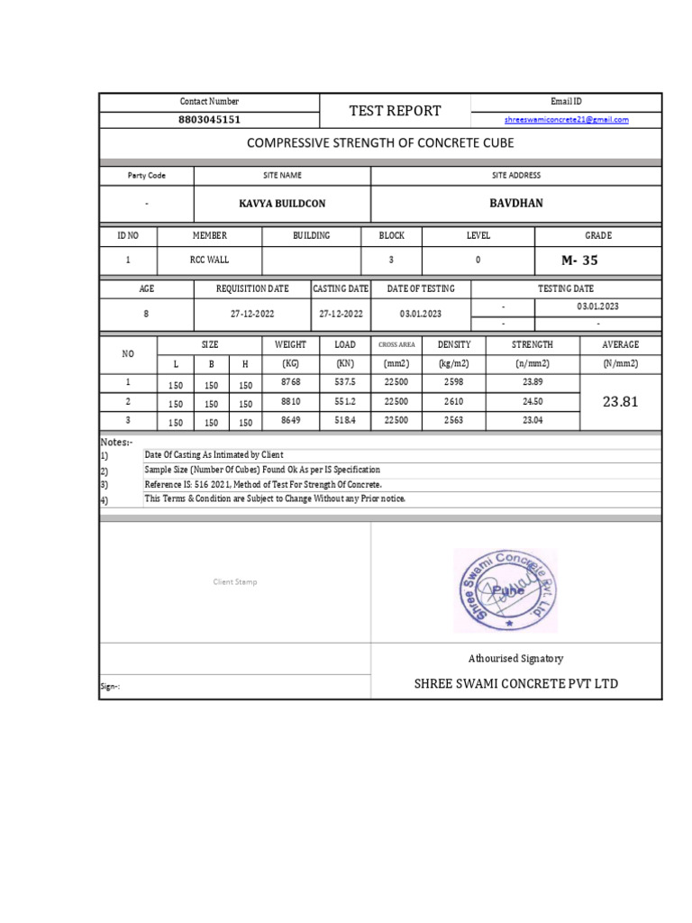 Concrete Cube Compressive Strength Test Report | PDF | Civil ...