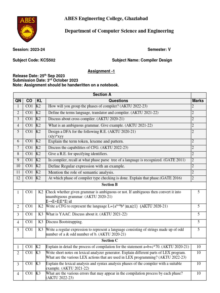 Unit 1 - Assignment - Updated - AKTU | PDF | Compiler | Regular Expression