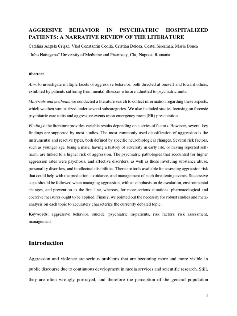 Aggresive Behavior in Psychiatric Hospitalized Patients A Narrative ...