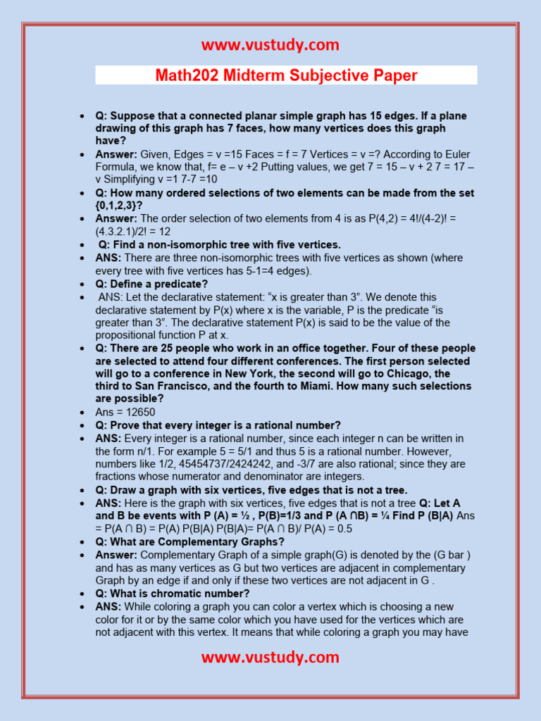 MTH202 Midterm Solved Subjective Papers With Reference | PDF | Vertex (Graph Theory) | Numbers